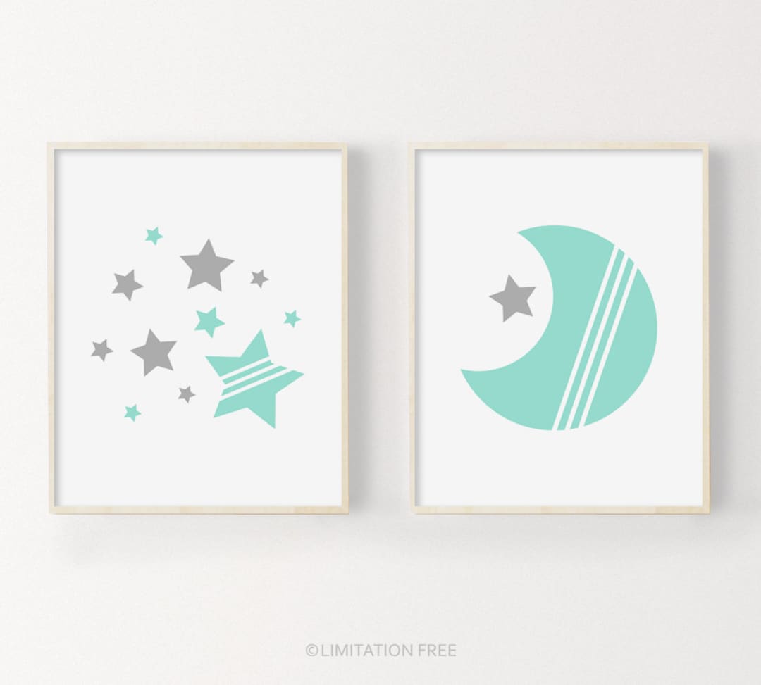 Moon and Stars Nursery Prints, Baby Wall Art, Printable Nursery, Mint ...