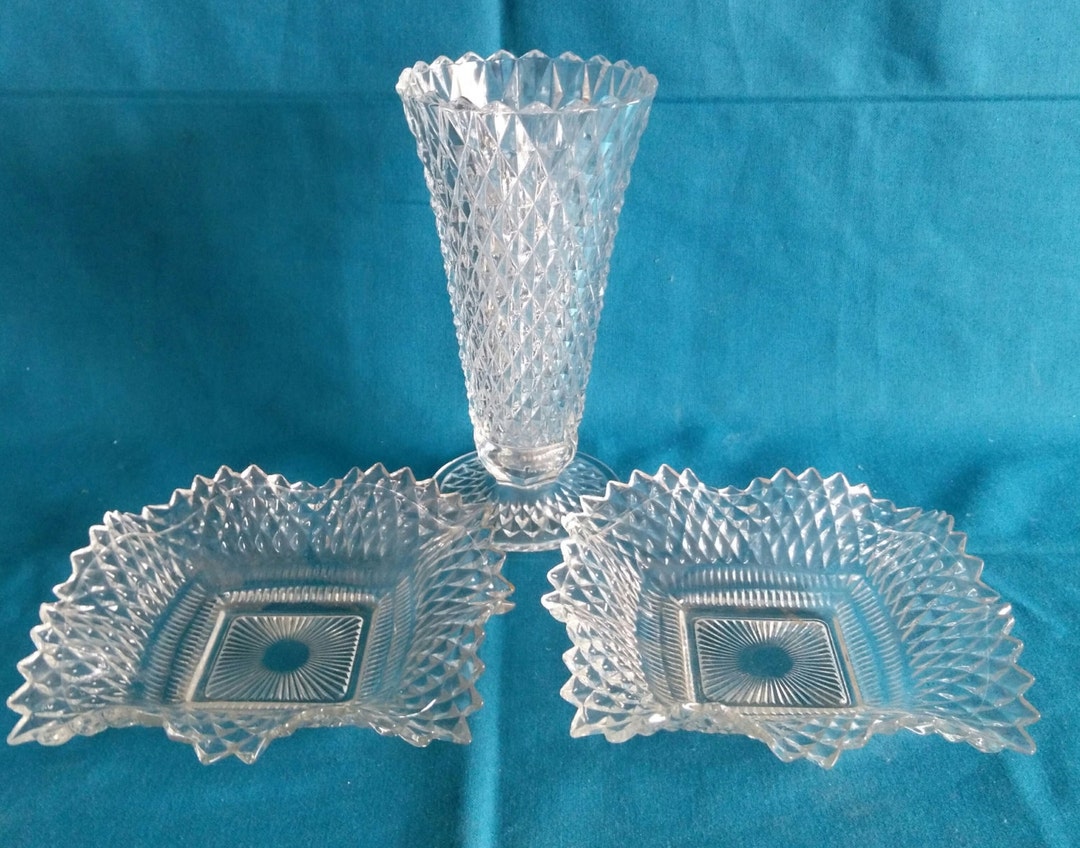 Vintage Indiana Glass 8" Trumpet Diamond Point Sawtooth Vase PLUS a ...