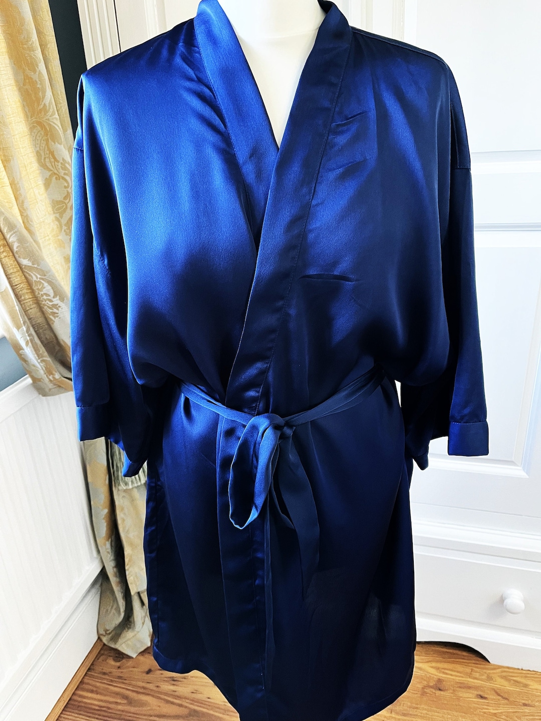 Navy Blue Dressing Gown Personalised Below Knee Ladies Robe Womens or ...