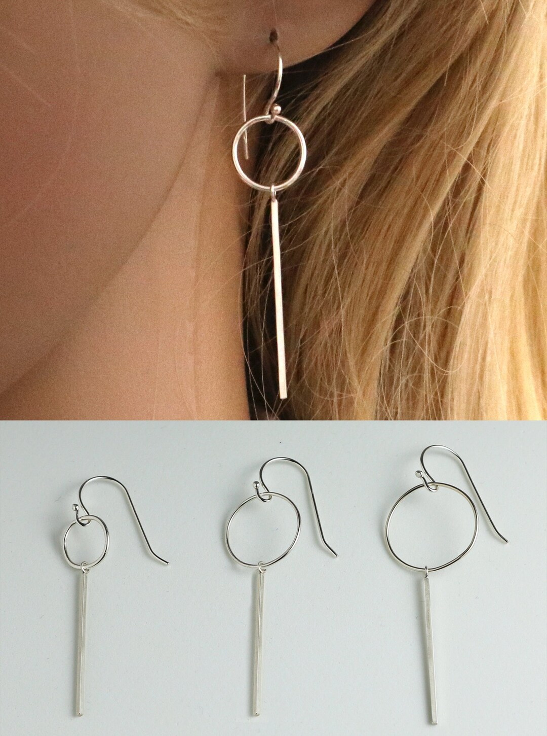 Circle Bar Dangle Earrings, Silver Drop Earrings, Skinny Bar Earrings ...