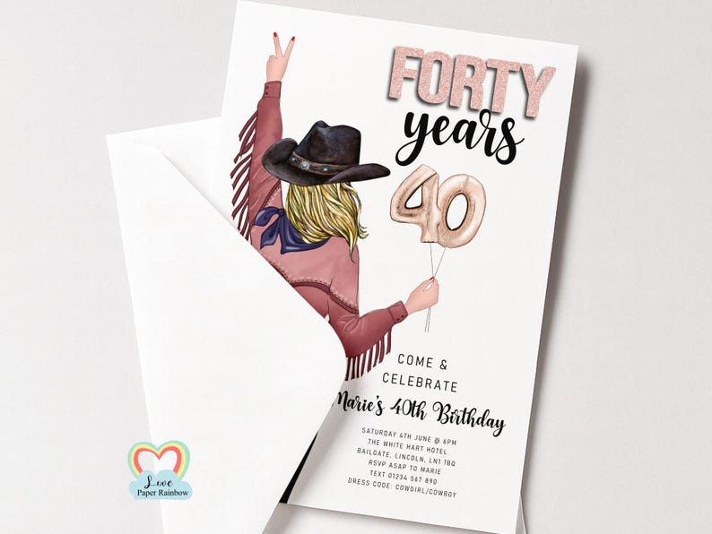 Personalised 40th Birthday Invitation | Cowgirl Theme Party Invite ...