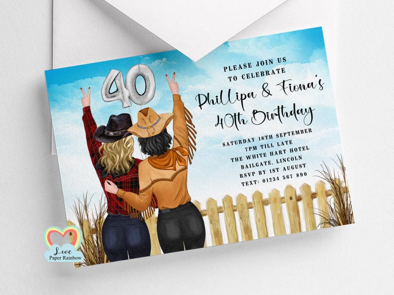 Personalised 40th Birthday Invitation | Cowgirl Western Party Invite ...