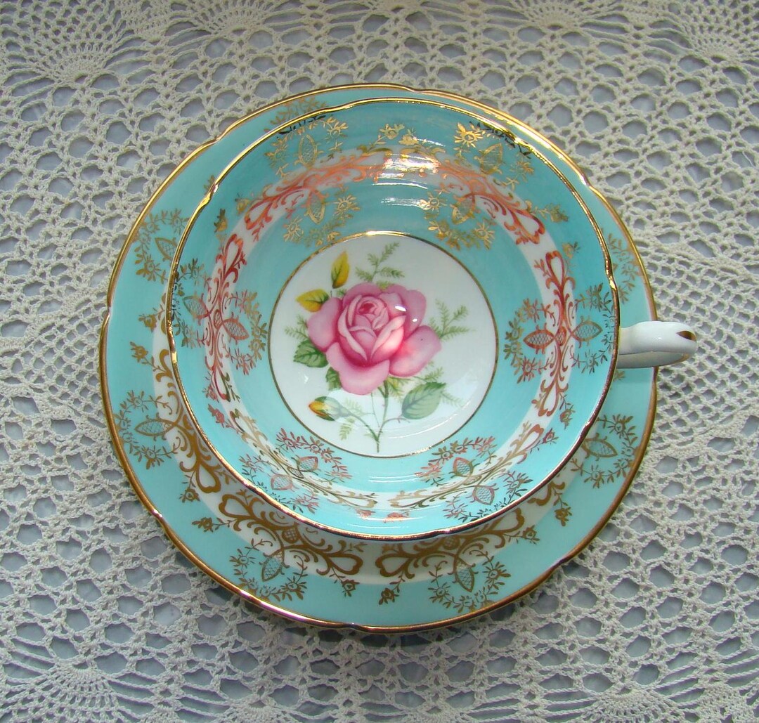 Stunning Royal Grafton Aqua Bands, Pink Cabbage Rose, Gold Design and ...