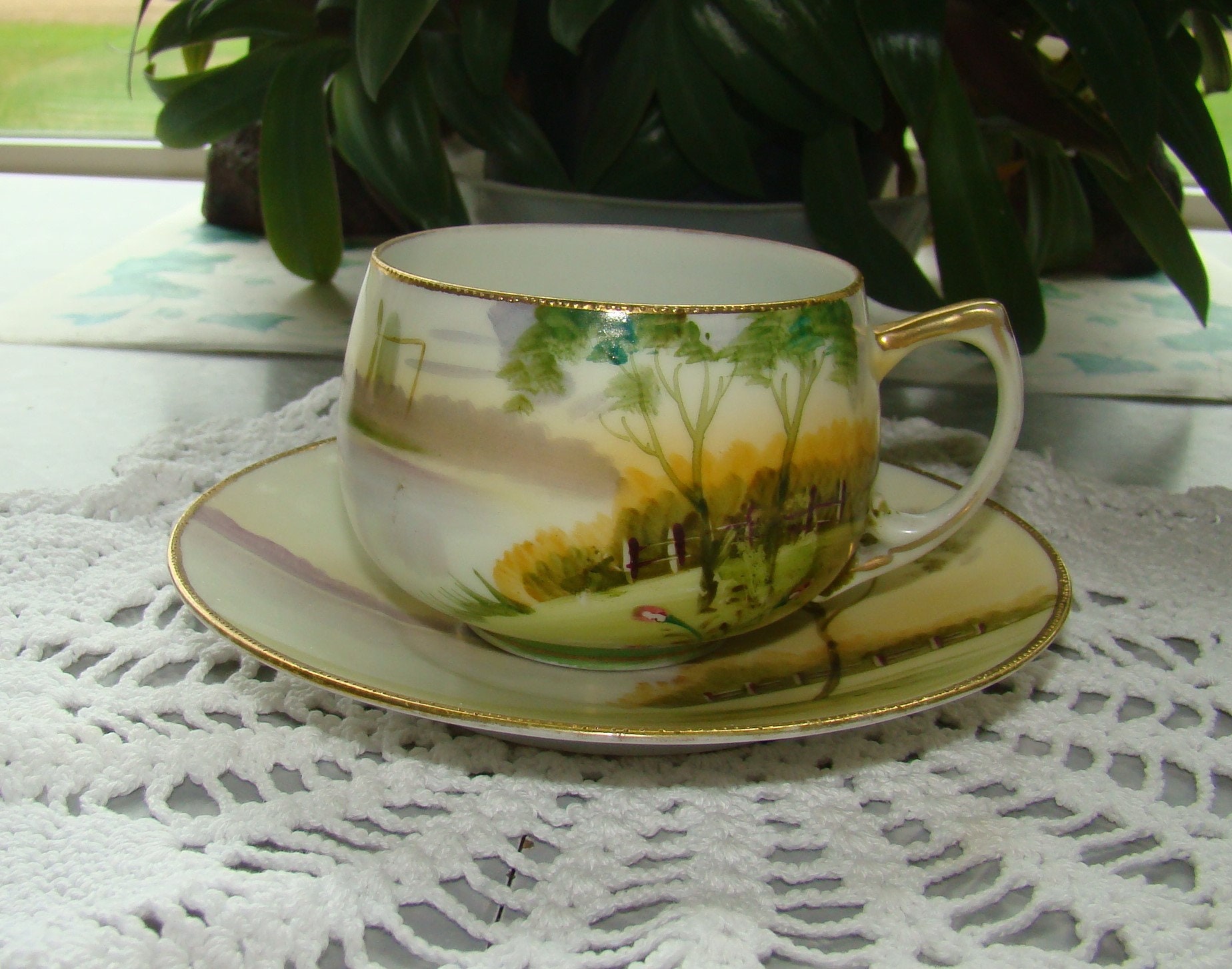 Antique LFH Nippon China Teacup and Saucer Hand Painted Green Gilded ...