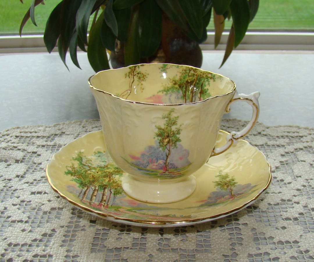 Aynsley England - Hand Painted Square Tea Cup - Pale Yellow With River ...