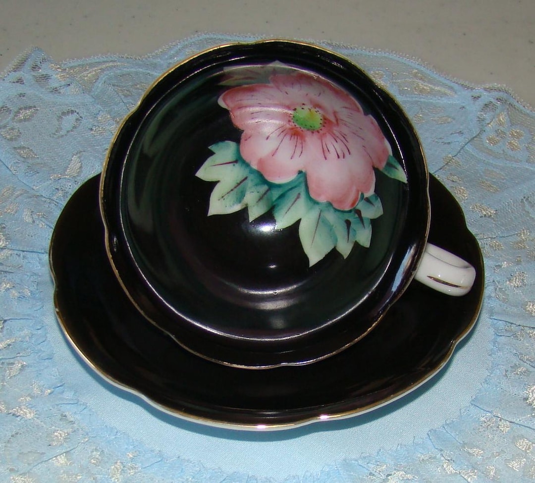 Shafford Japan - Hand Decorated - Black With Large Pink Flower - Etsy