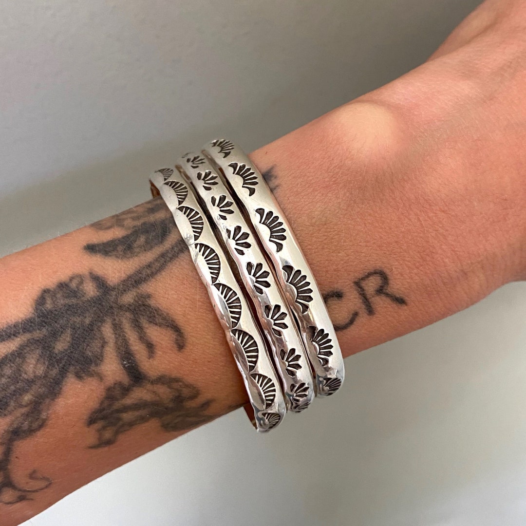 New Designs! Set of 3 Wide Sterling Cuffs- Lotus, Petal, Fan Motif ...