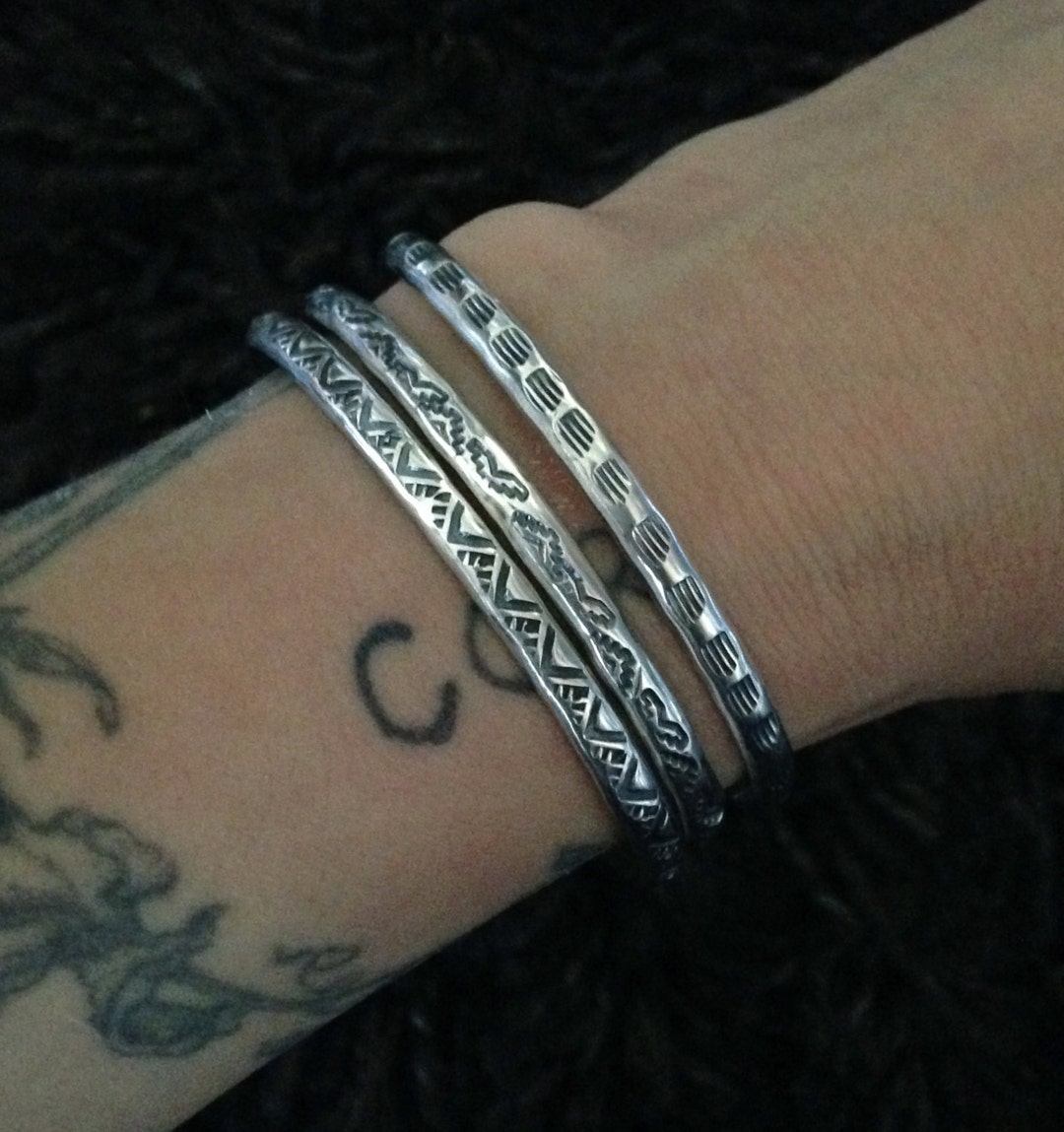3 Stamped Sterling Stacker Cuffs- Geometric Design- Set of 3 - Etsy