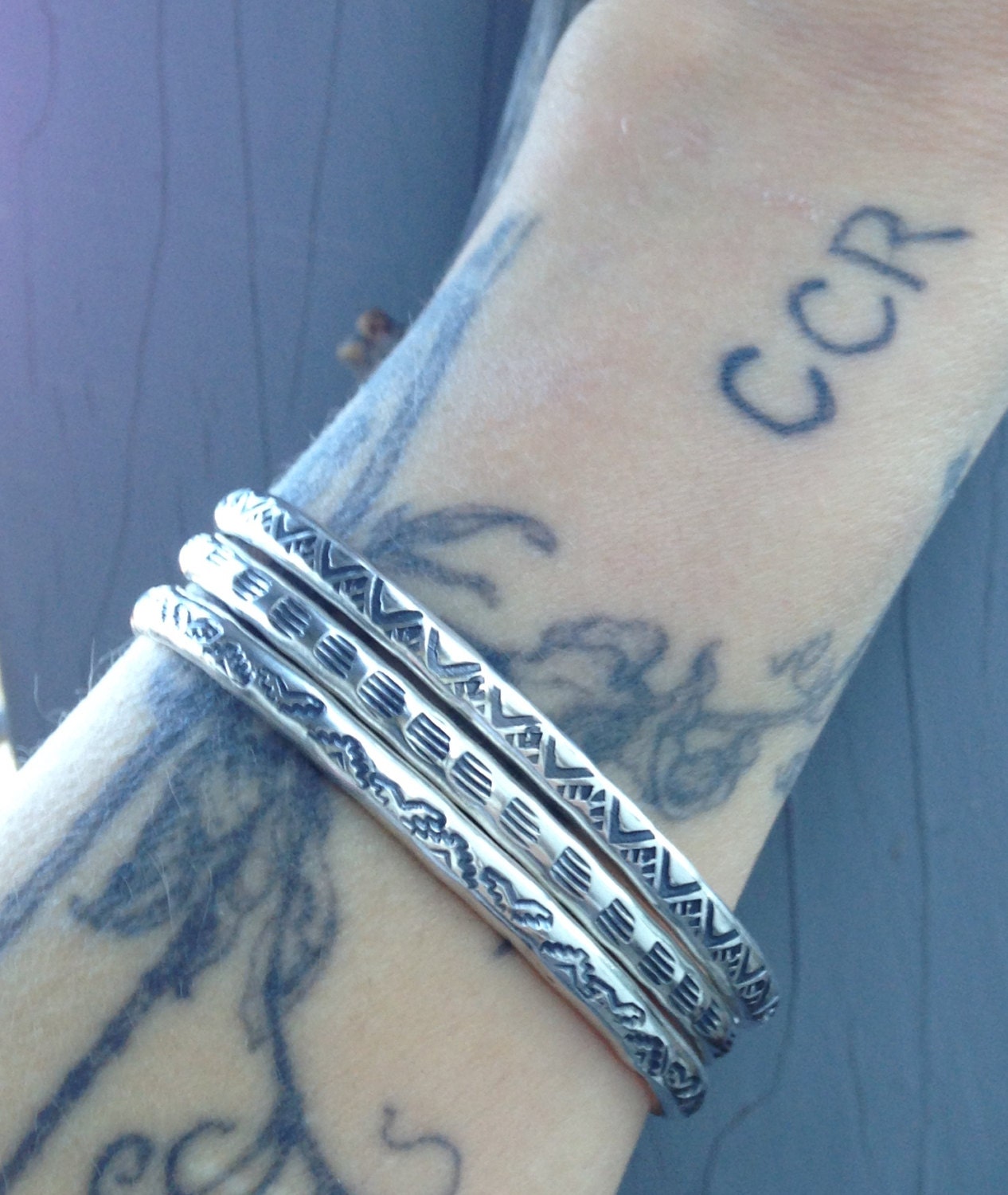 3 Stamped Sterling Stacker Cuffs- Geometric Design- Set of 3 - Etsy