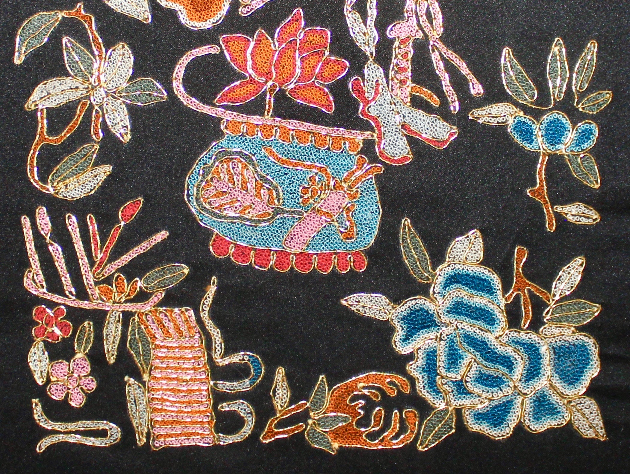 Vintage Chinese Forbidden Stitch Silk Embroidery Metallic Couching ...