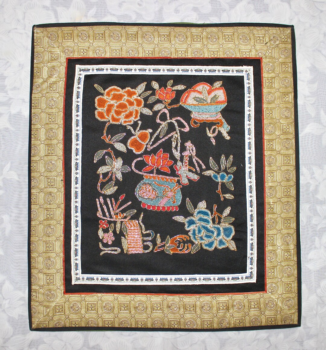 Vintage Chinese Forbidden Stitch Silk Embroidery Metallic Couching ...