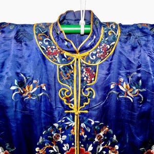 Chinese Republic Era Embroidered Indigo Blue Silk Satin Informal Robe ...