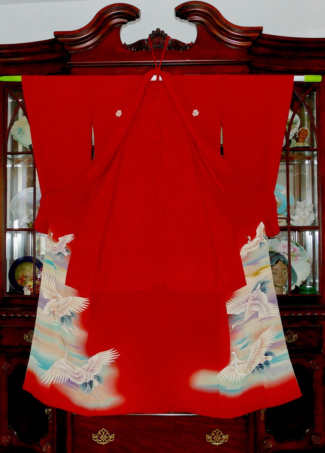 Meiji Japanese 色留袖 IRO TOMESODE Five 家紋 Kamon-crest Red Formal Cranes ...