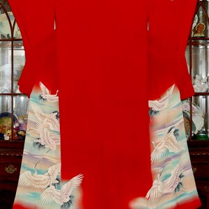 Meiji Japanese 色留袖 IRO TOMESODE Five 家紋 Kamon-crest Red Formal Cranes ...