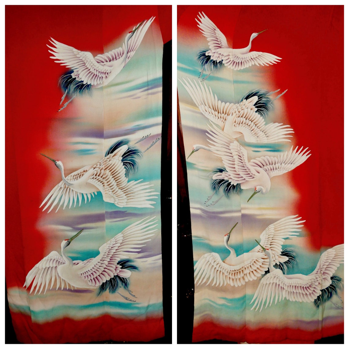 Meiji Japanese 色留袖 IRO TOMESODE Five 家紋 Kamon-crest Red Formal Cranes ...