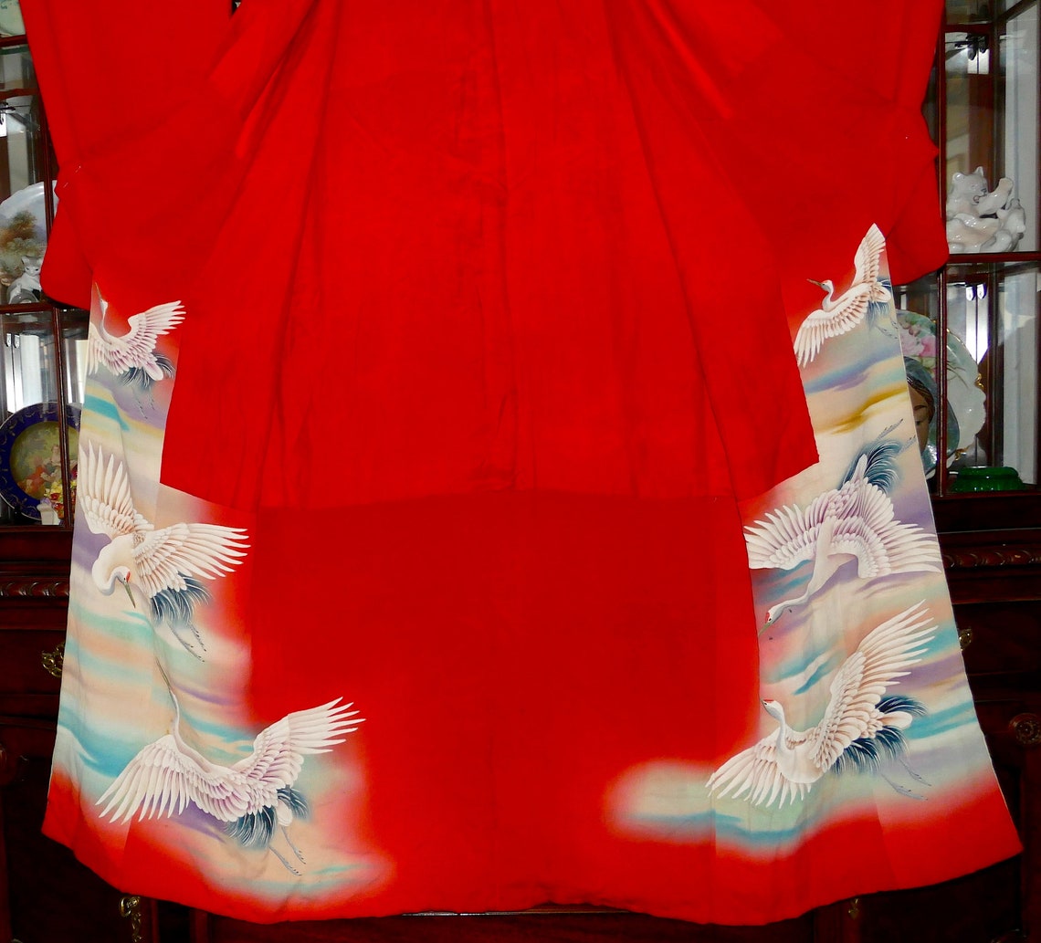 Meiji Japanese 色留袖 IRO TOMESODE Five 家紋 Kamon-crest Red Formal Cranes ...