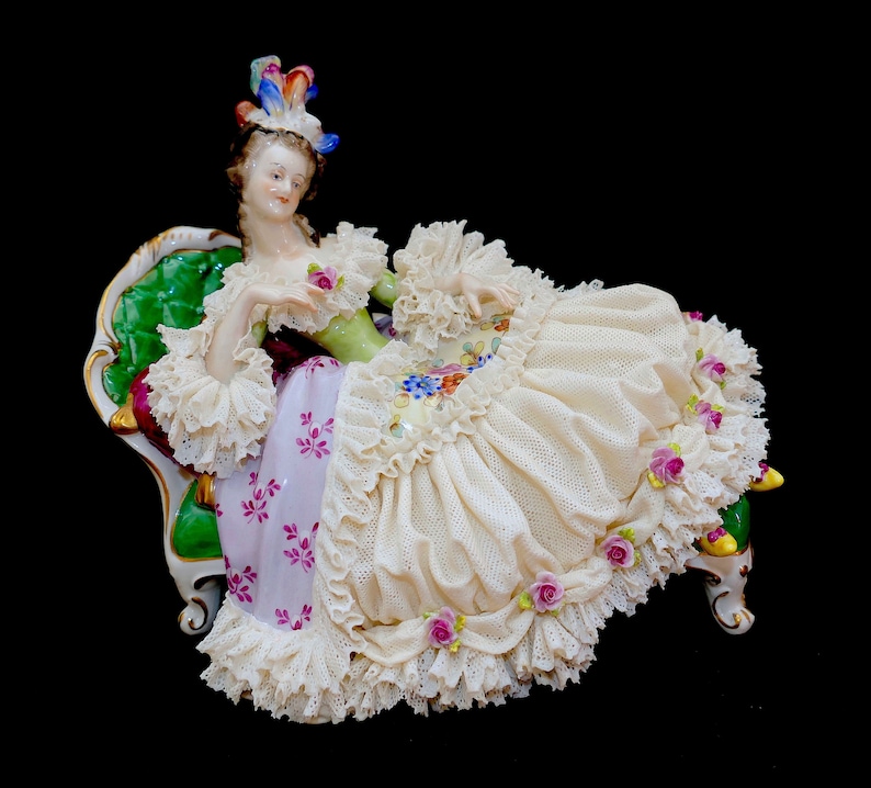 Antique VOLKSTEDT German Dresden Lace Crinoline Lady Reclining on Sofa ...