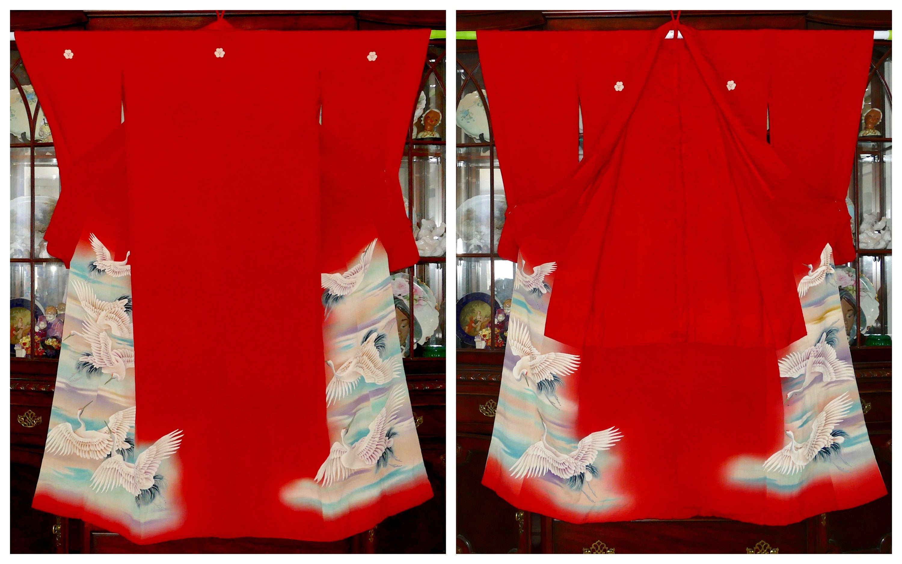 Meiji Japanese 色留袖 IRO TOMESODE Five 家紋 Kamon-crest Red Formal Cranes ...