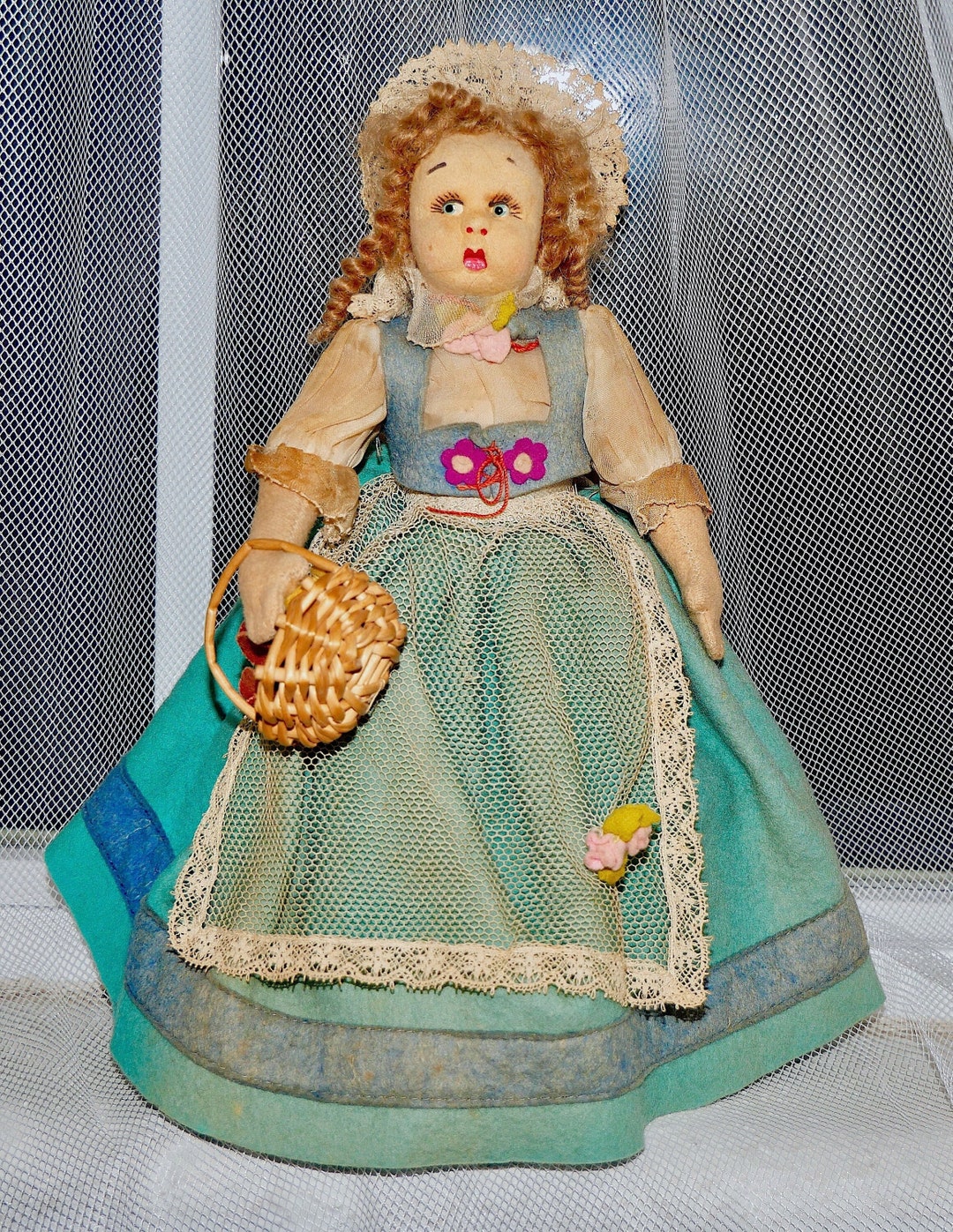 C.1930's Italian LENCI Mascotte Surprised Felt Doll 9" With Basket With ...