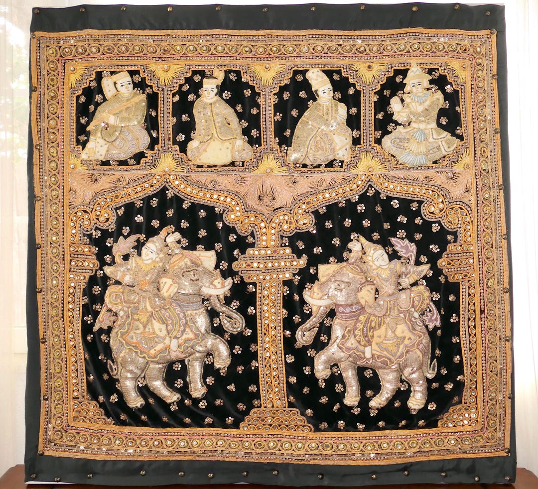 1920-1950s Kalaga Burmese Myanmar KINNARA Half Human Half Bird & THAMAN ...