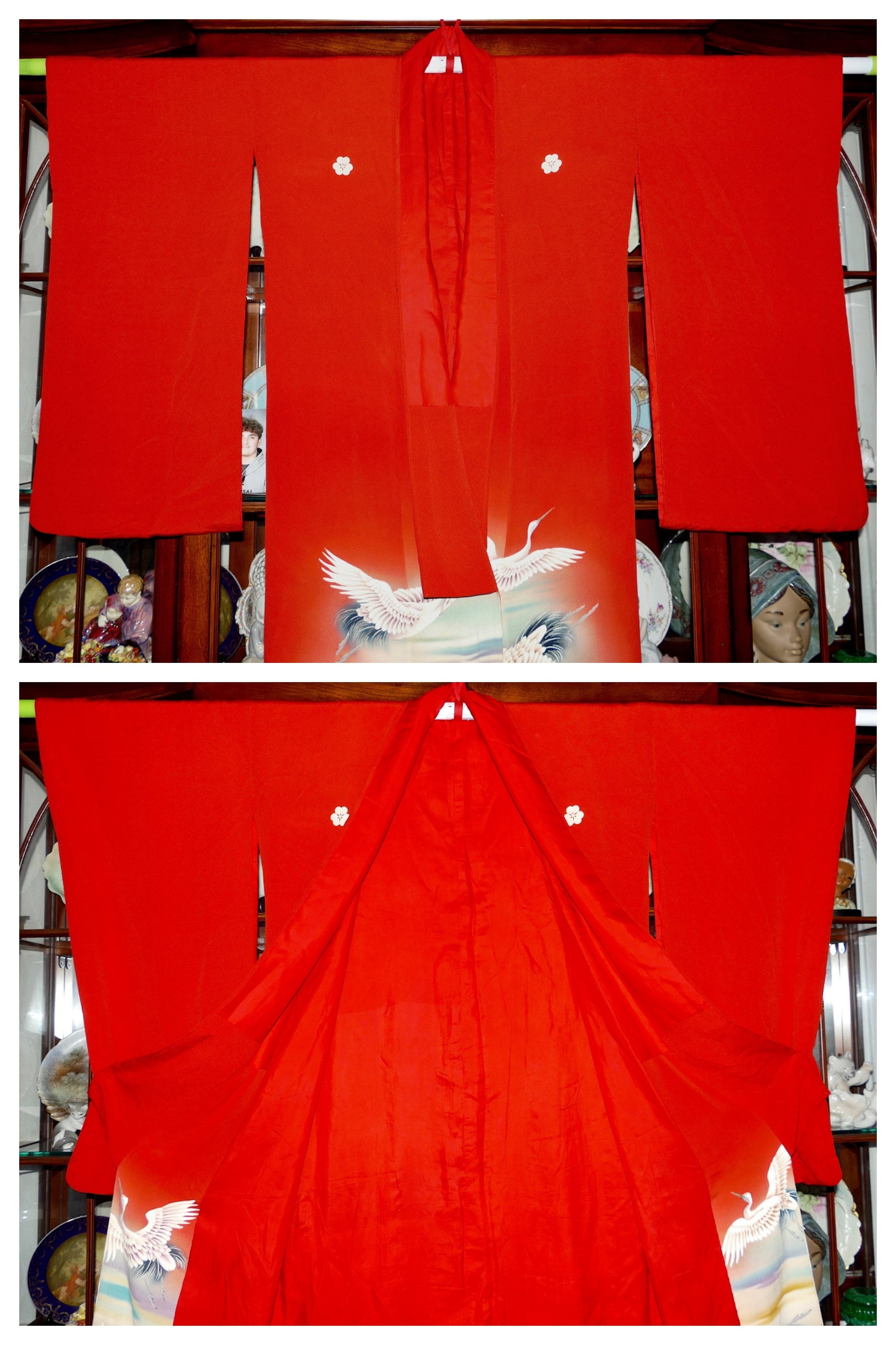 Meiji Japanese 色留袖 IRO TOMESODE Five 家紋 Kamon-crest Red Formal Cranes ...