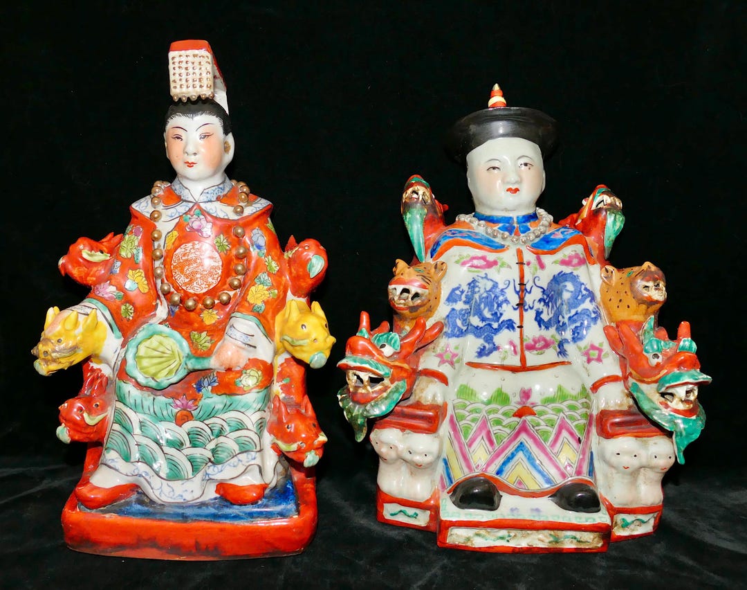 Qing Chinese Famille Rose Emperor & Empress Large Figurines With ...