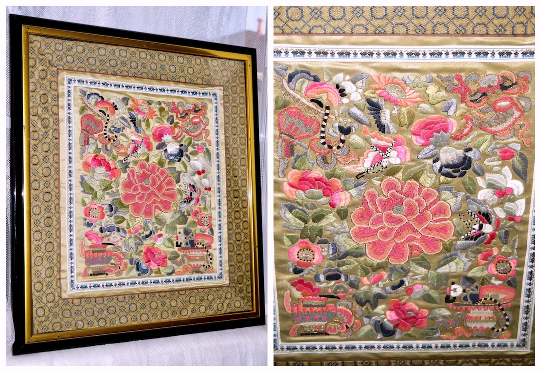 ANTQ Chinese Embroidered Forbidden Stitch Peony Zen Objects Textile ...