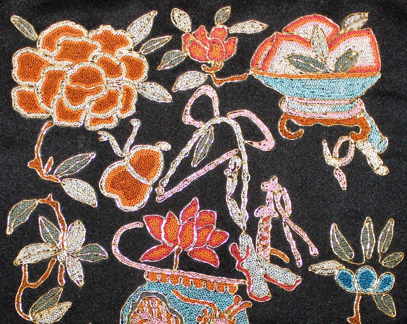 Vintage Chinese Forbidden Stitch Silk Embroidery Metallic Couching ...