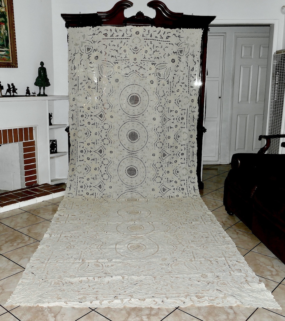 Antique Chinese RICHELIEU CHEE FOO Hand Embroidered Huge Heavy White ...