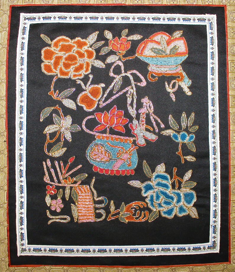 Vintage Chinese Forbidden Stitch Silk Embroidery Metallic Couching ...