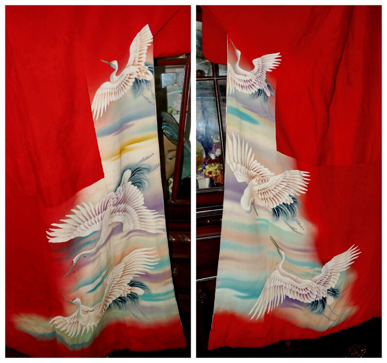 Meiji Japanese 色留袖 IRO TOMESODE Five 家紋 Kamon-crest Red Formal Cranes ...