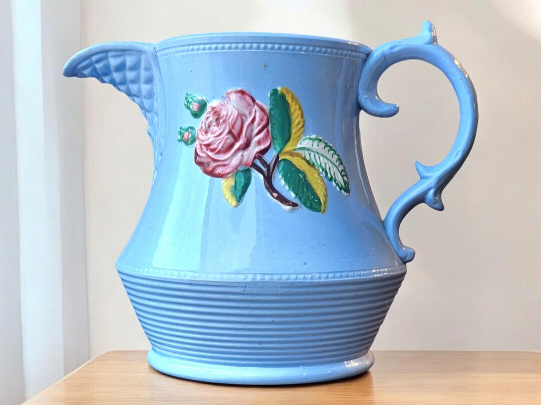 English Staffordshire Sprigged Drabware Pottery Floral Pitcher Blue ...