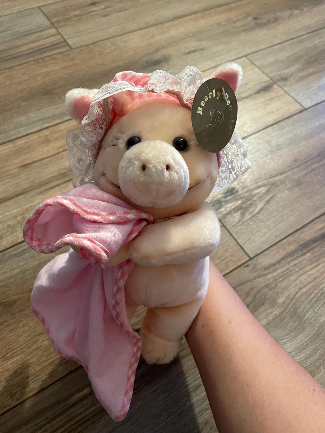 Vintage Baby Piggy Pig Piglet Holding Blanket and Bonnet Plush Stuffed ...