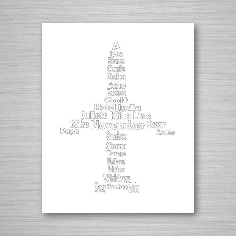 Phonetic Alphabet Airplane Printable Art Ready to Color Digital ...