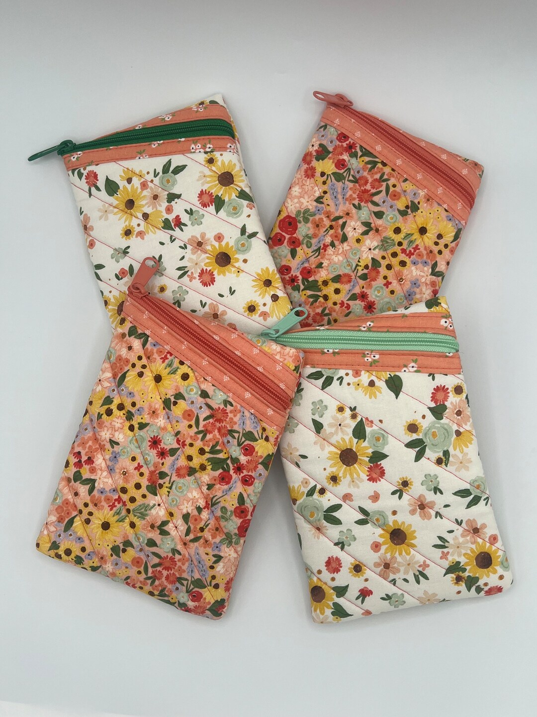 Floral Quilted Cross Zipper Pouch - Peach Sunflower Floral - Mint ...