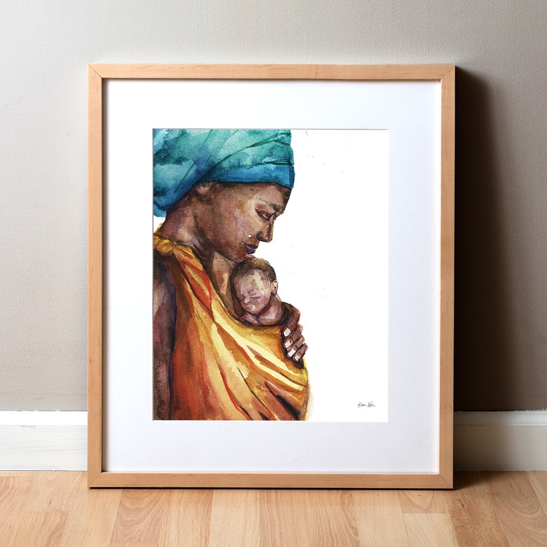 Sub-saharan Woman With Preterm Infant Watercolor Print - African Art ...