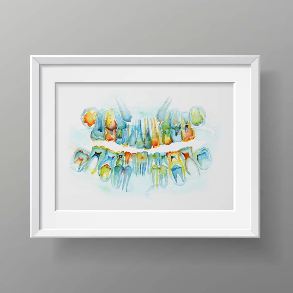 Pan X Ray Mixed Detention Teeth Watercolor Art Print - Orthodontist Art ...