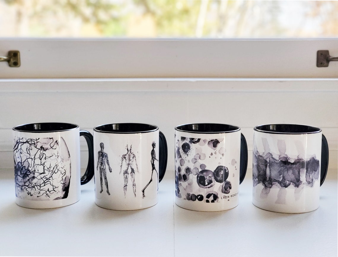 Set of 4 Medical Art Mugs Black and White Anatomy Mugs | Etsy