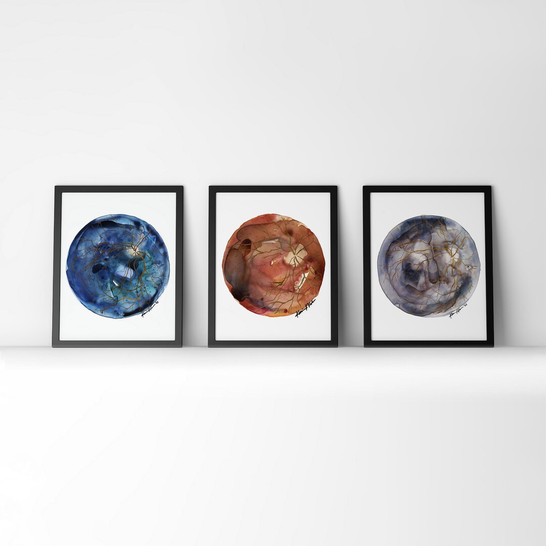 Red, Blue, and Gray Retina Watercolor Print Set - Eye Art - Optometrist ...