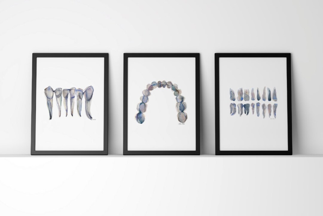Set of 3 Blue Gray Teeth Print - Dental Art Set - Teeth Watercolor Set ...
