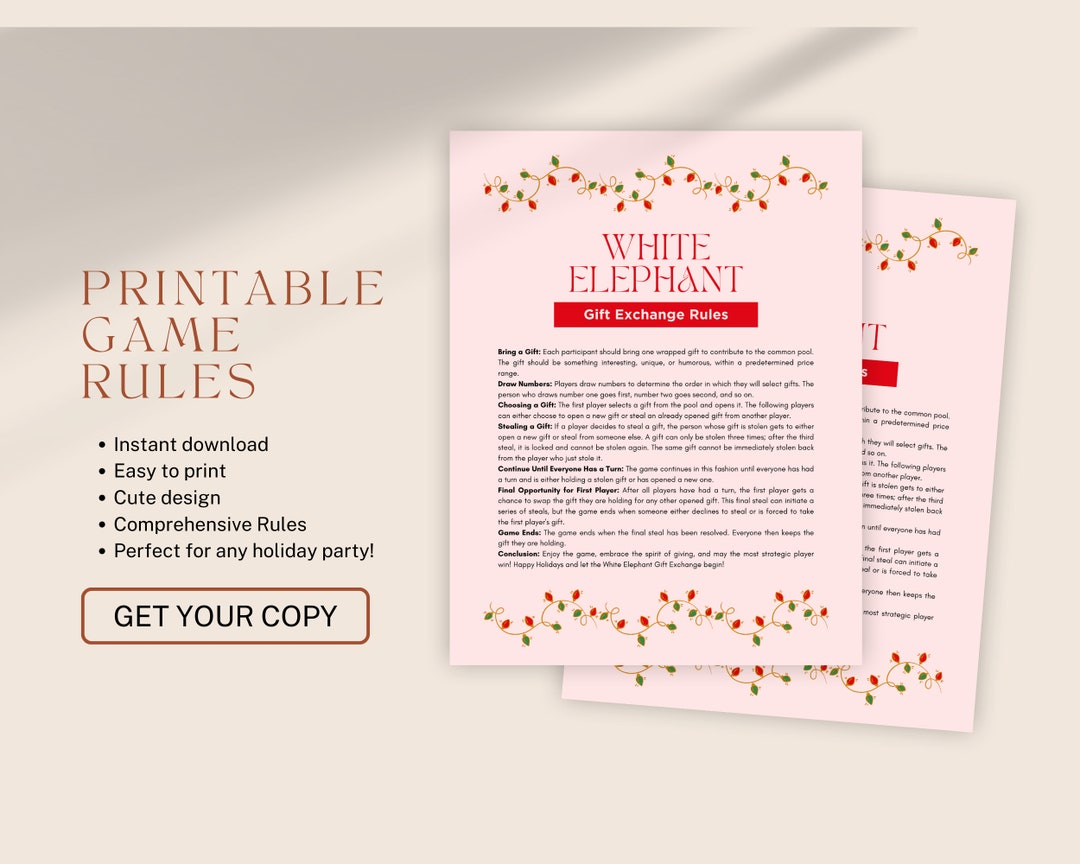 White Elephant Gift Exchange Rules Printable Holiday Party Game Guide ...
