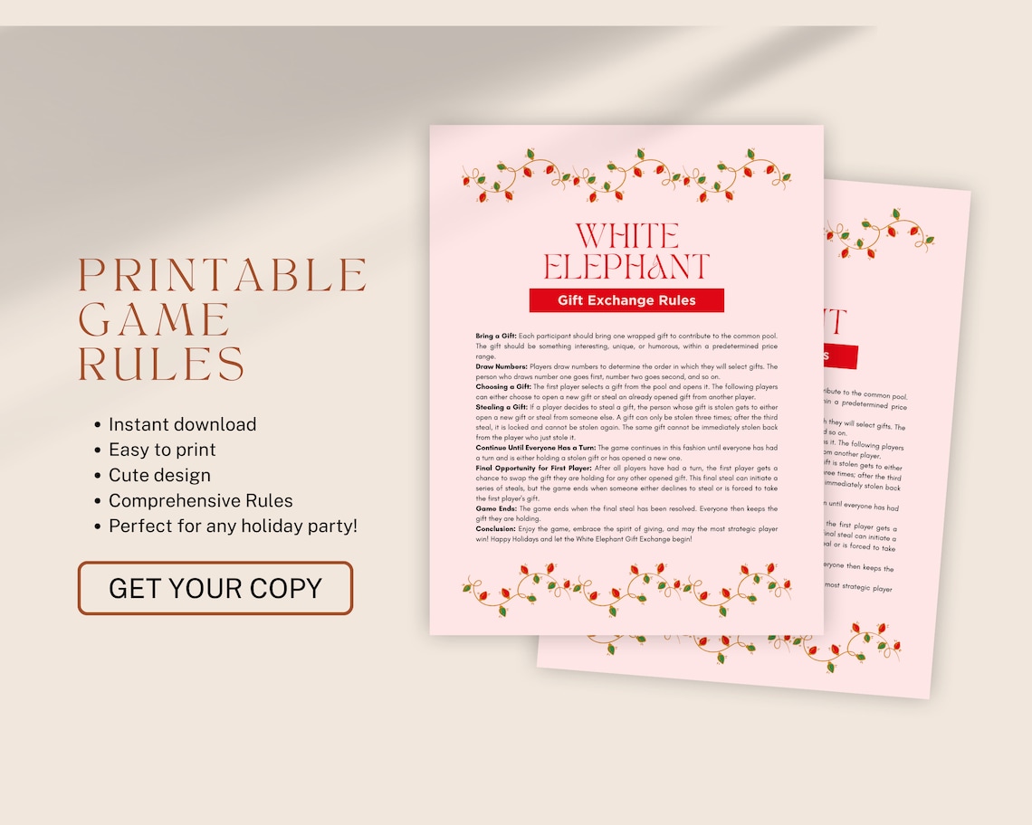White Elephant Gift Exchange Rules Printable Holiday Party Game Guide ...
