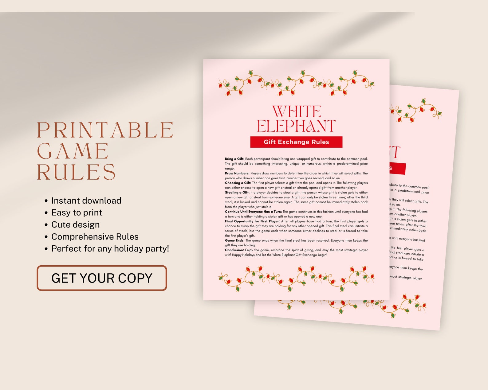 White Elephant Gift Exchange Rules Printable Holiday Party Game Guide ...