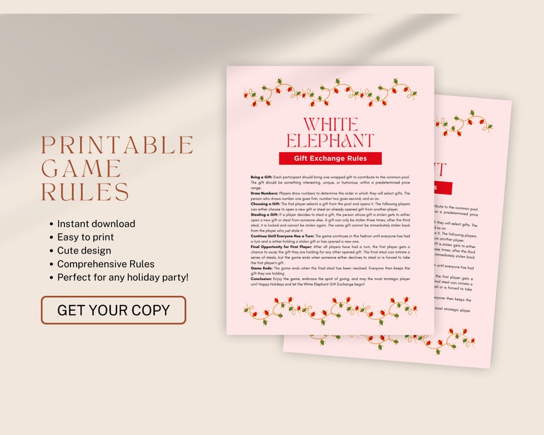 White Elephant Gift Exchange Rules Printable Holiday Party Game Guide ...