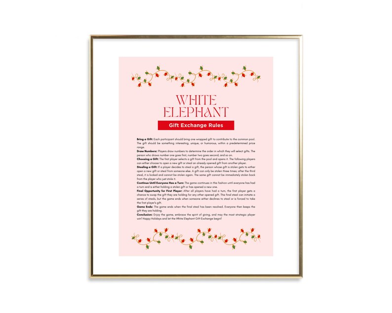 White Elephant Gift Exchange Rules Printable Holiday Party Game Guide ...