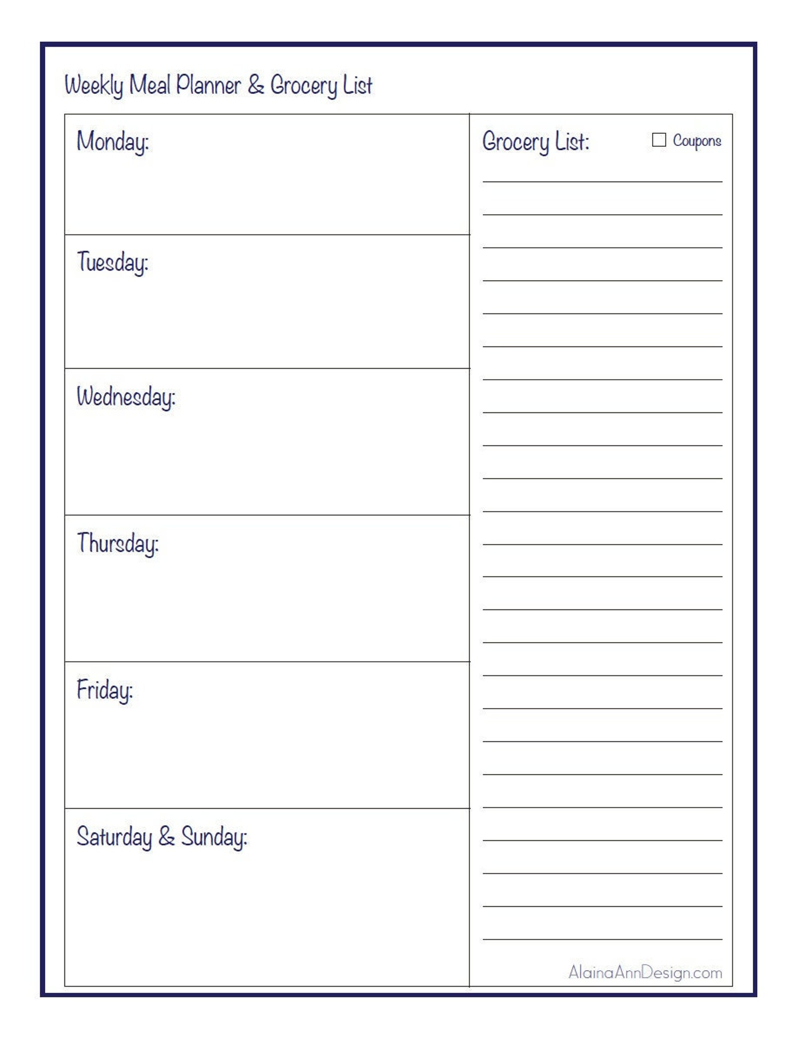 Weekly Meal Planner and Grocery List Printable | Instant PDF Digital ...