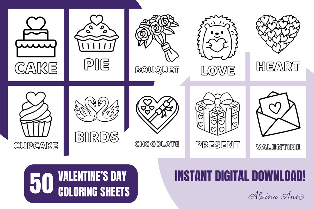 50 Valentine's Day Love Theme Coloring Sheets | Instant Digital ...
