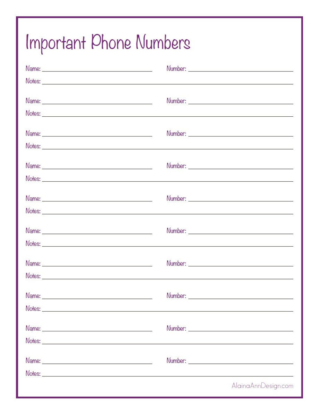 Important Contacts And Phone Numbers Printable Instant PDF Digital