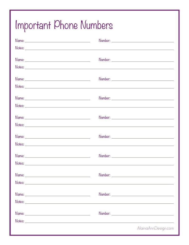 Important Contacts and Phone Numbers Printable | Instant PDF Digital ...
