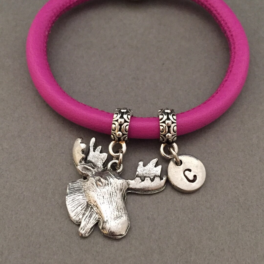 Moose Head Leather Bracelet, Moose Head Charm Bracelet, Leather Bangle ...